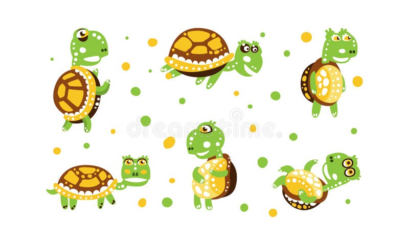 Cute Turtle with Shell and Short Feet in Different Poses Vector Set ...