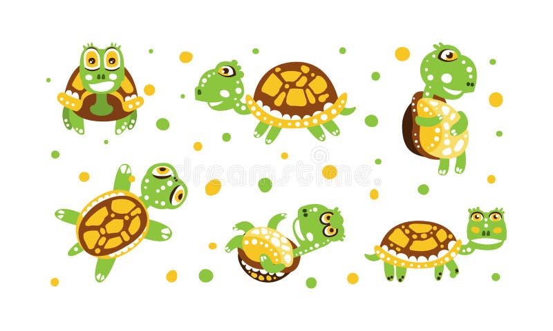 Cute Turtle with Shell and Short Feet in Different Poses Vector Set ...