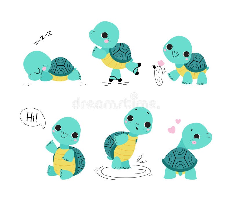 Cute Turtle with Shell and Short Feet Engaged in Different Activity ...
