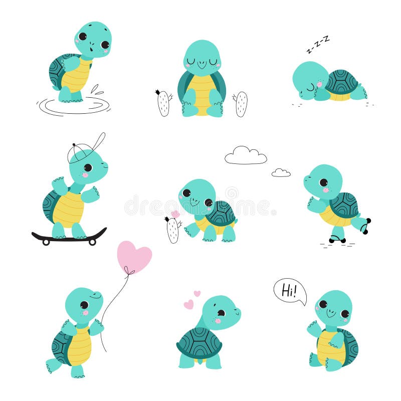 Cute Turtle with Shell and Short Feet Waving Paw, Sleeping and ...