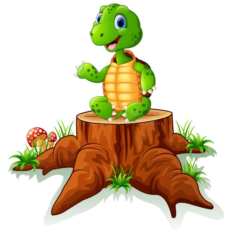 Cute Turtle Sit on Tree Stump Stock Vector - Illustration of mascot ...