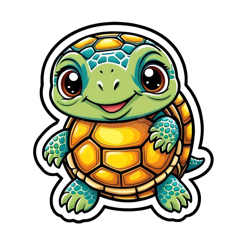 Cute Turtle Sticker with Shell Pattern: Cartoon Contour Vector Design ...