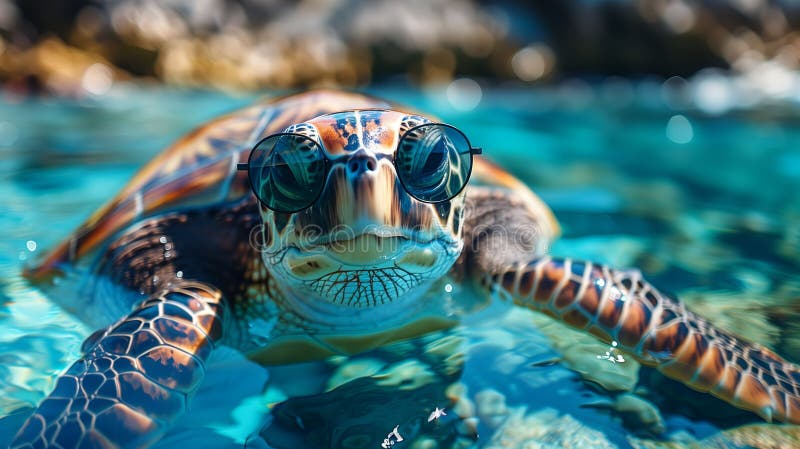 Cute Turtle with Sunglasses Chilling at the Beach, Happy Stock Image ...