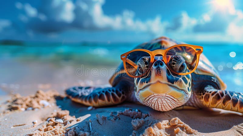 Cute Turtle with Sunglasses Chilling at the Beach, Happy Stock Photo ...
