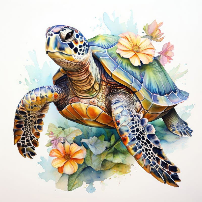 Cute Turtle Watercolor Illustration Stock Image - Image of jellyfish ...