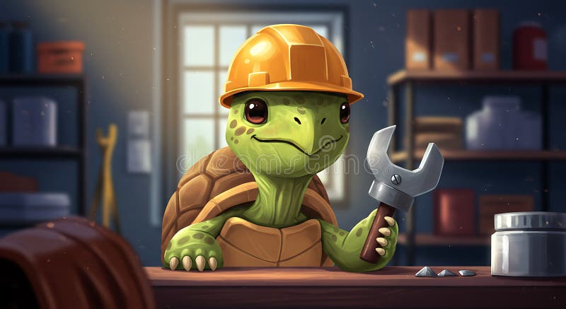 A Cute Turtle Wearing a Hard Hat and Holding a Wrench in a Workshop ...