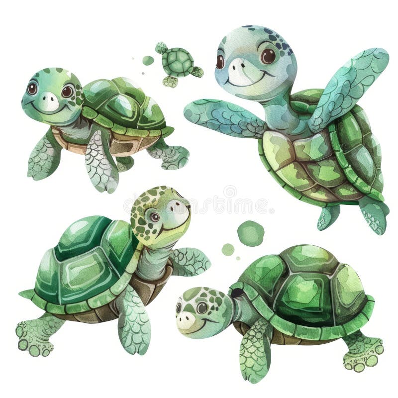 Cute Turtles in Different Poses Isolated on Transparent Background. Sea ...