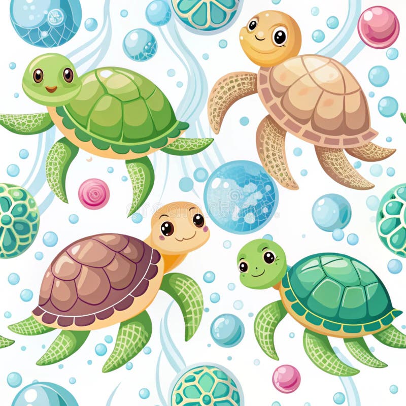 Cute Turtles Swimming in Bubbles Stock Illustration - Illustration of design, graphic: 377043011