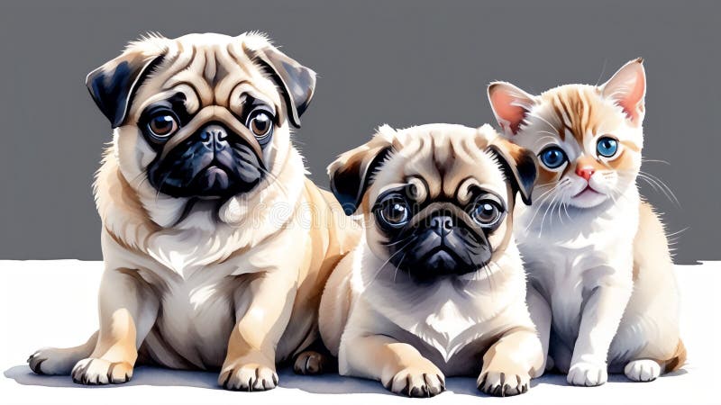 Cute Pug Puppy and Kitten Resting Side by Side in an Art Studio. AI ...