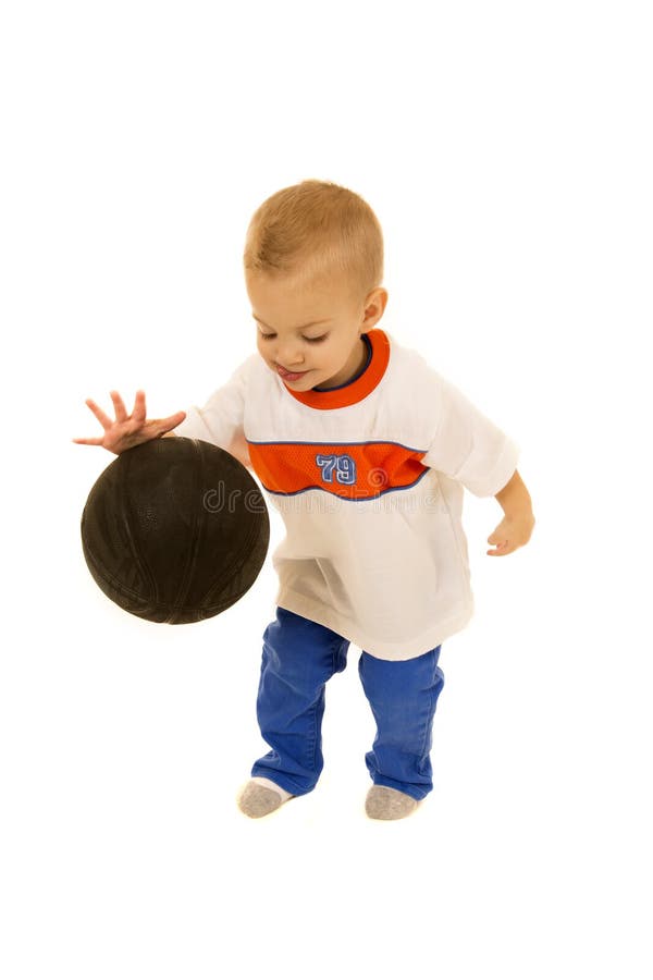 Cute Two Year Old Boy Bouncing Black Basketball Stock Image - Image of ...