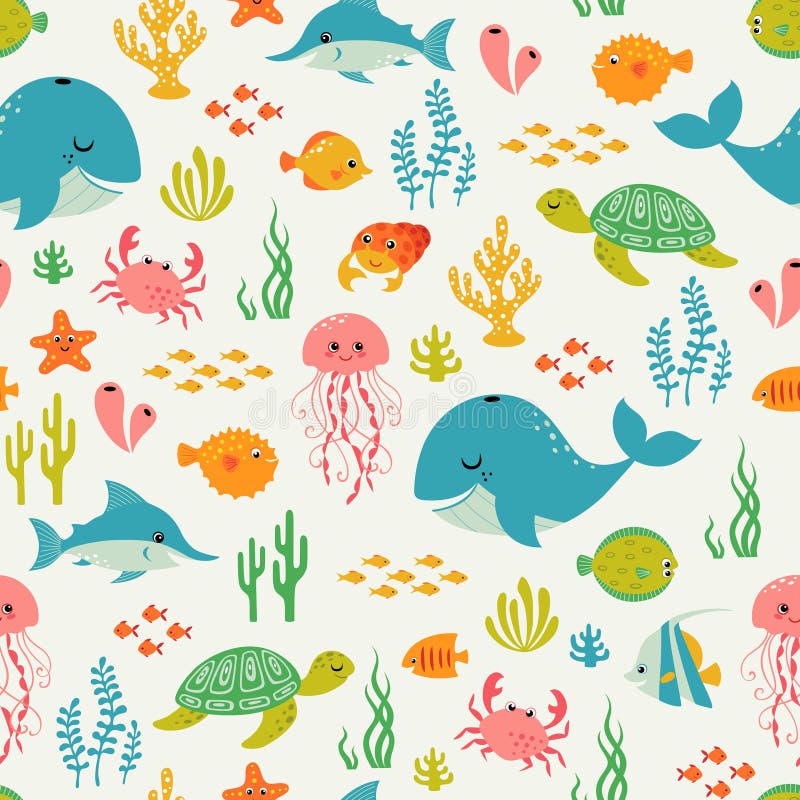 Cute Underwater Life Pattern Stock Vector - Illustration of seamless ...
