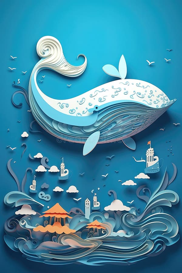 A Cute Underwater World with a Big White Whale, Paper Dimension Artwork ...