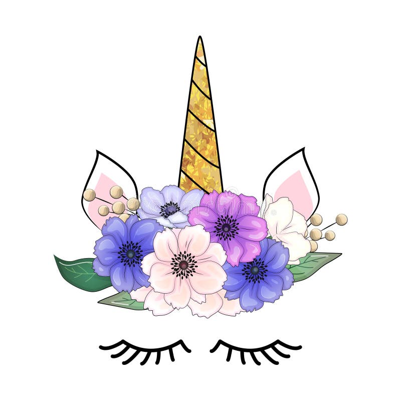 Cute Unicorn Head with Flower Crown. Stock Vector - Illustration of ...