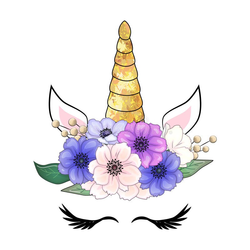 Cute Unicorn Head with Flower Crown. Stock Vector - Illustration of ...