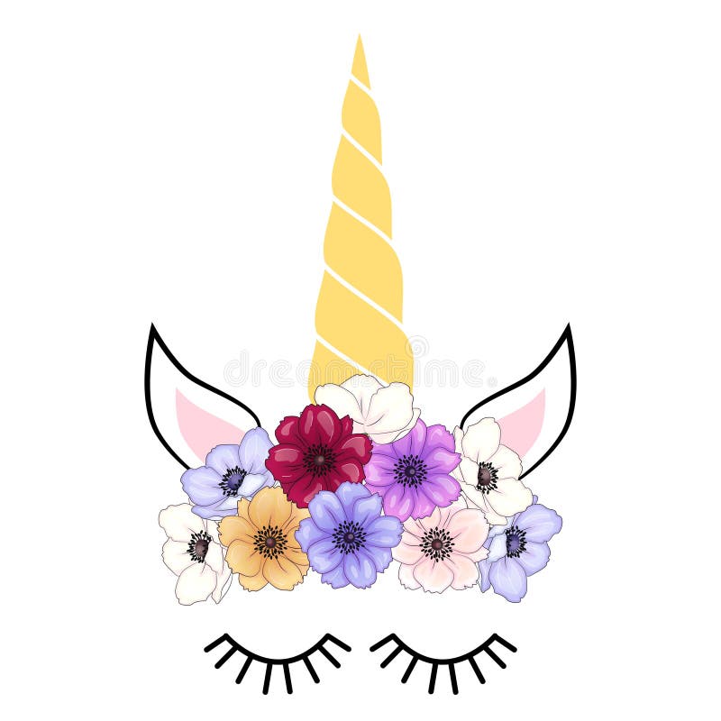 Cute Unicorn Head with Flower Crown. Stock Illustration - Illustration ...