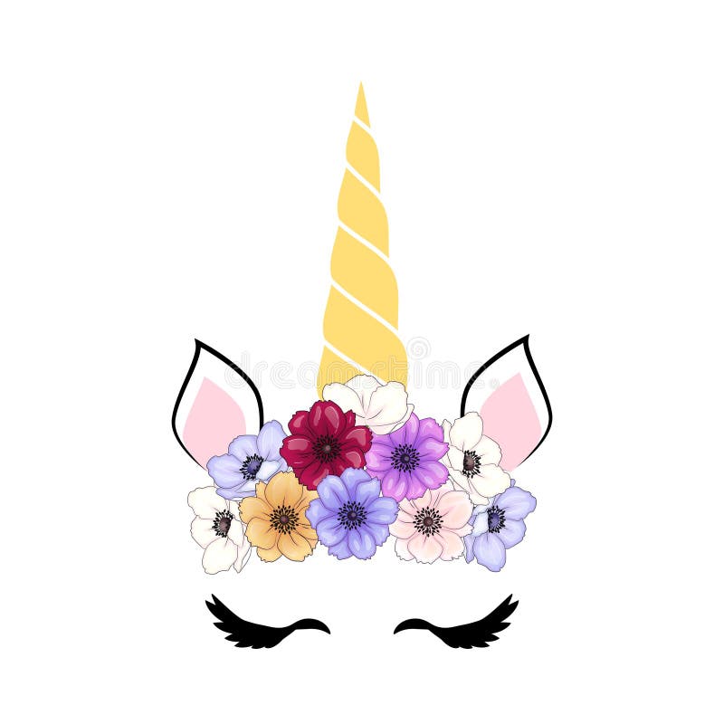 Cute Unicorn Head with Flower Crown. Stock Illustration - Illustration ...
