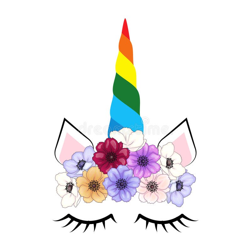 Cute Unicorn Head with Flower Crown. Stock Illustration - Illustration ...