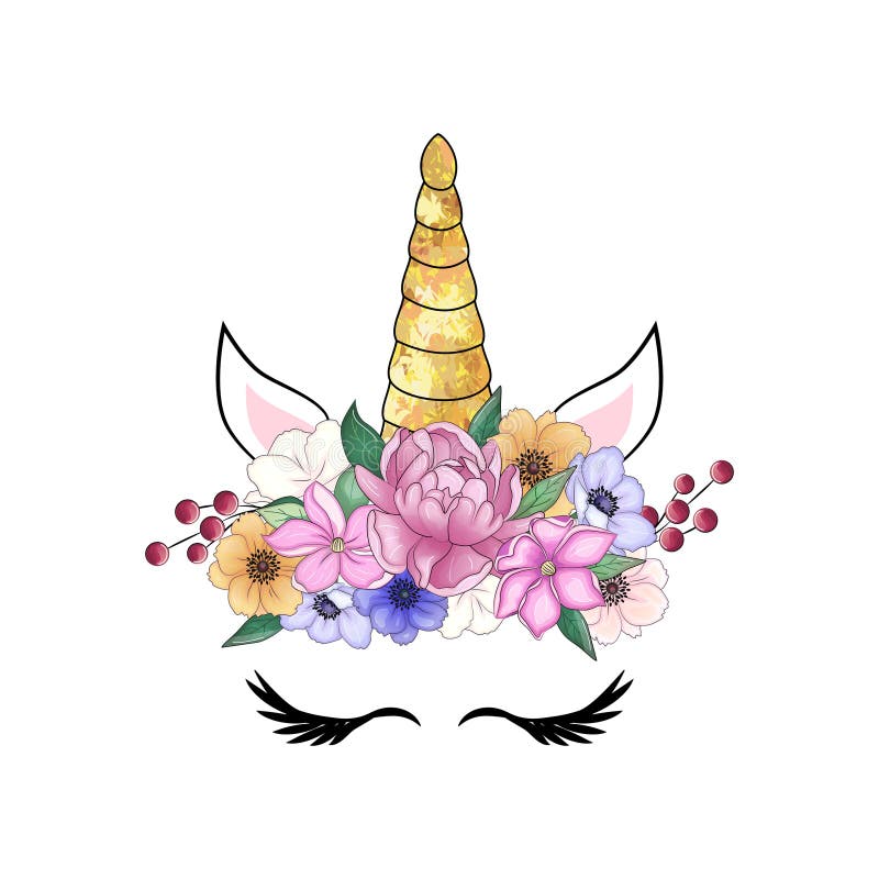 Cute Unicorn Head with Flower Crown. Stock Vector - Illustration of ...