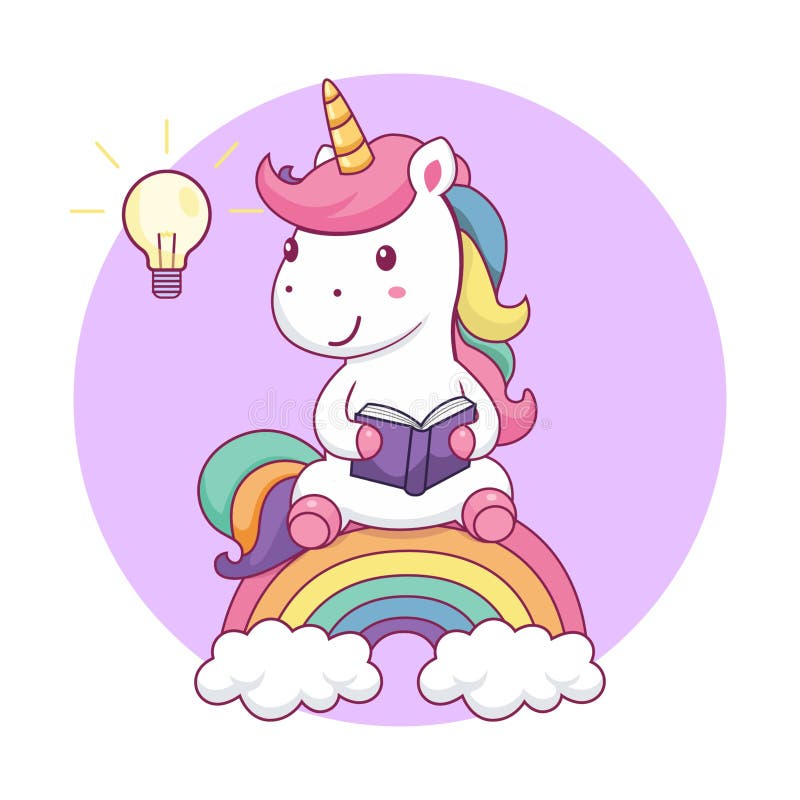 Cute Unicorn Reading a Book and Getting Ideas or Knowledge Stock Vector ...