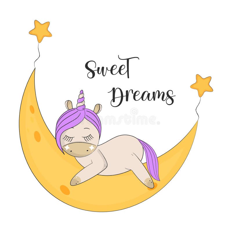 Cute Unicorn Sleeping on the Moon. Sweet Dreams. Vector Illustration ...