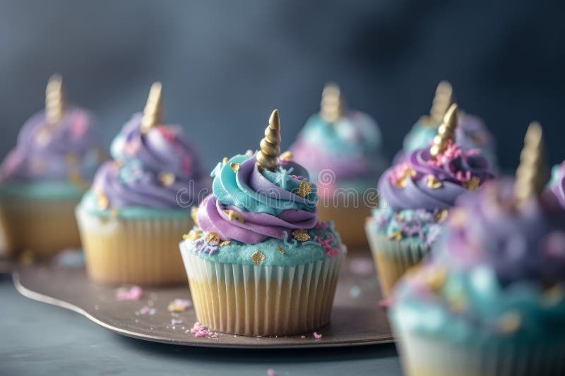 Cute Unicorn Theme Birthday Party Cupcakes. Generative Ai Stock Image ...