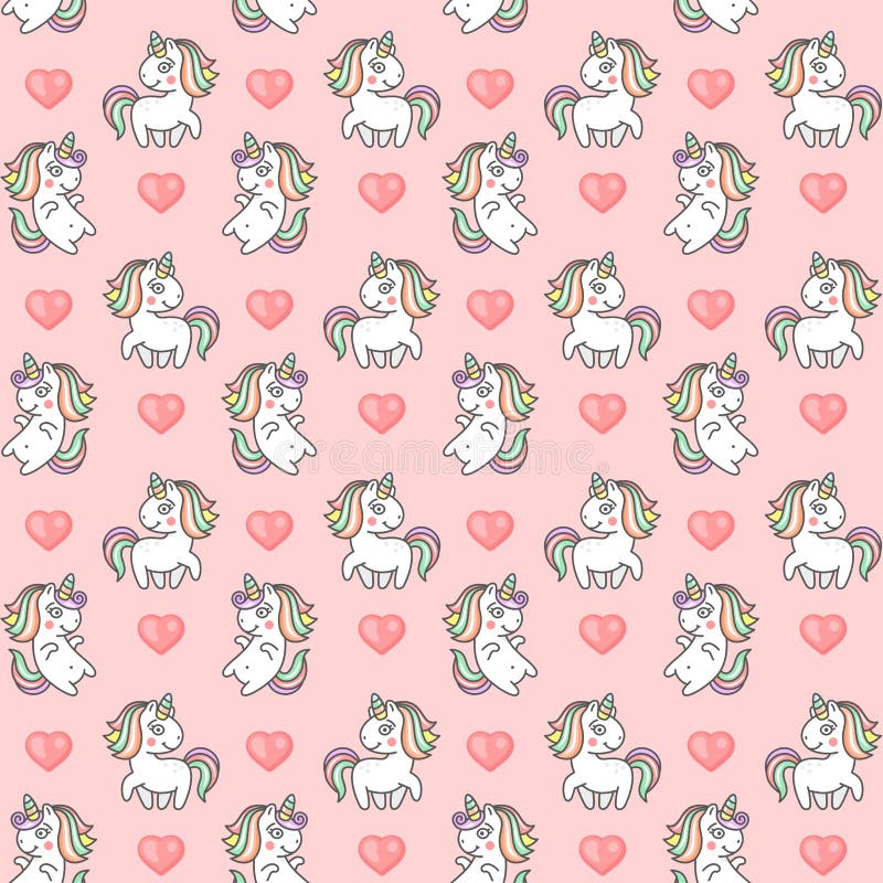 Cute Unicorns and Hearts Seamless Pattern on Pink Background. Vector ...