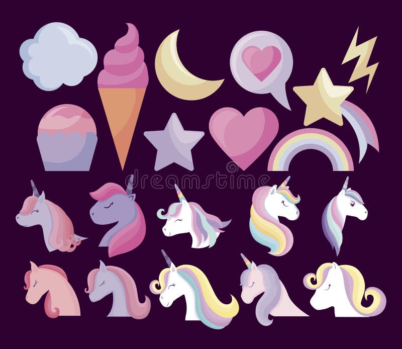 Cute Unicorns with Set Icons Stock Vector - Illustration of beauty ...