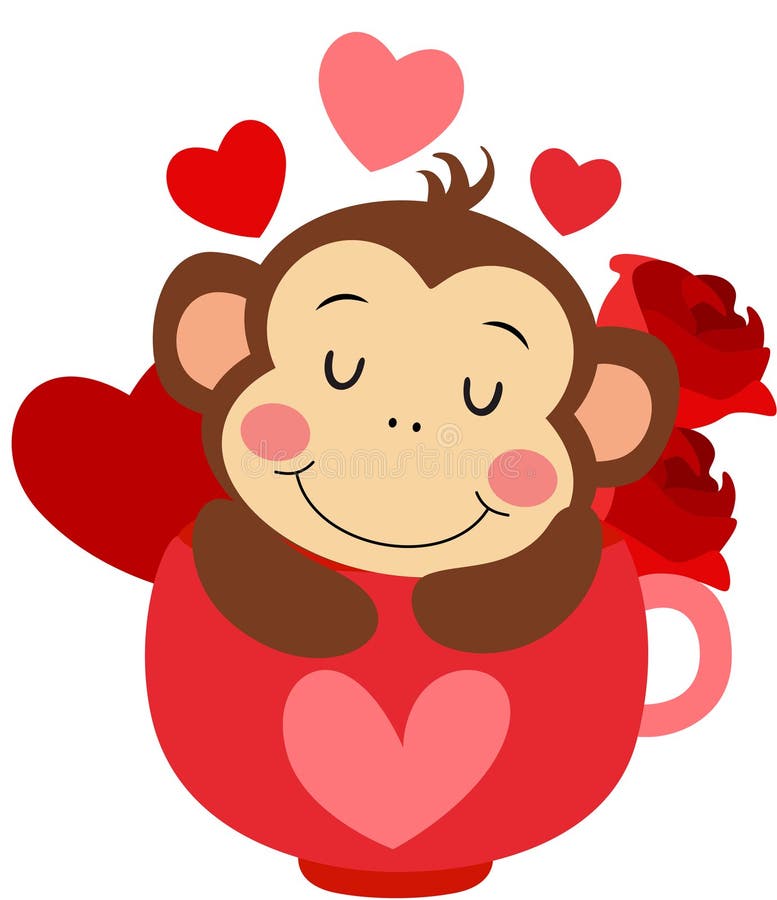 Cute Valentine Monkey Inside Red Love Cup Stock Vector - Illustration ...