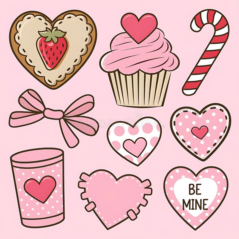 Cute Valentines Craft Symbols in Pastel Tones Stock Illustration ...