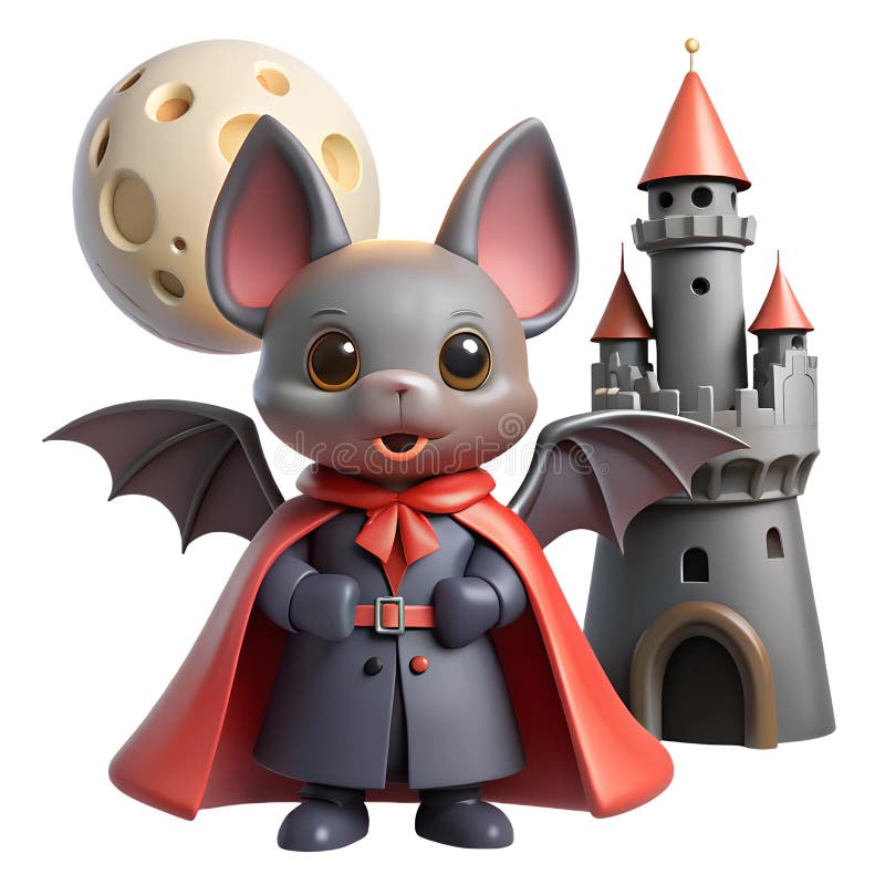 Cute Vampire Bat Character with Castle and Moon in Background Stock ...