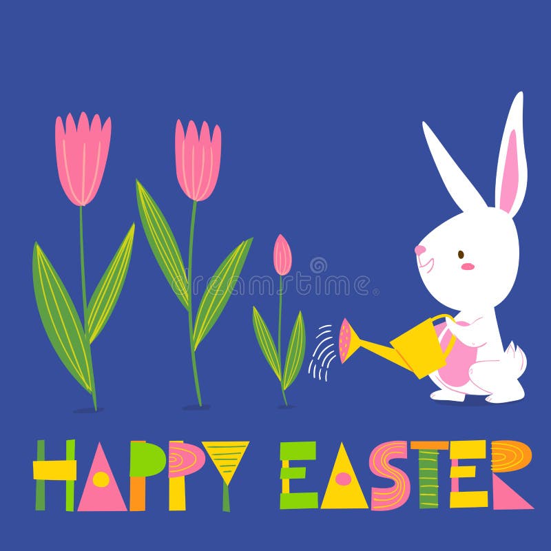 Easter Greeting Card. Cute Rabbits with Easter Flowers Hand Draw ...