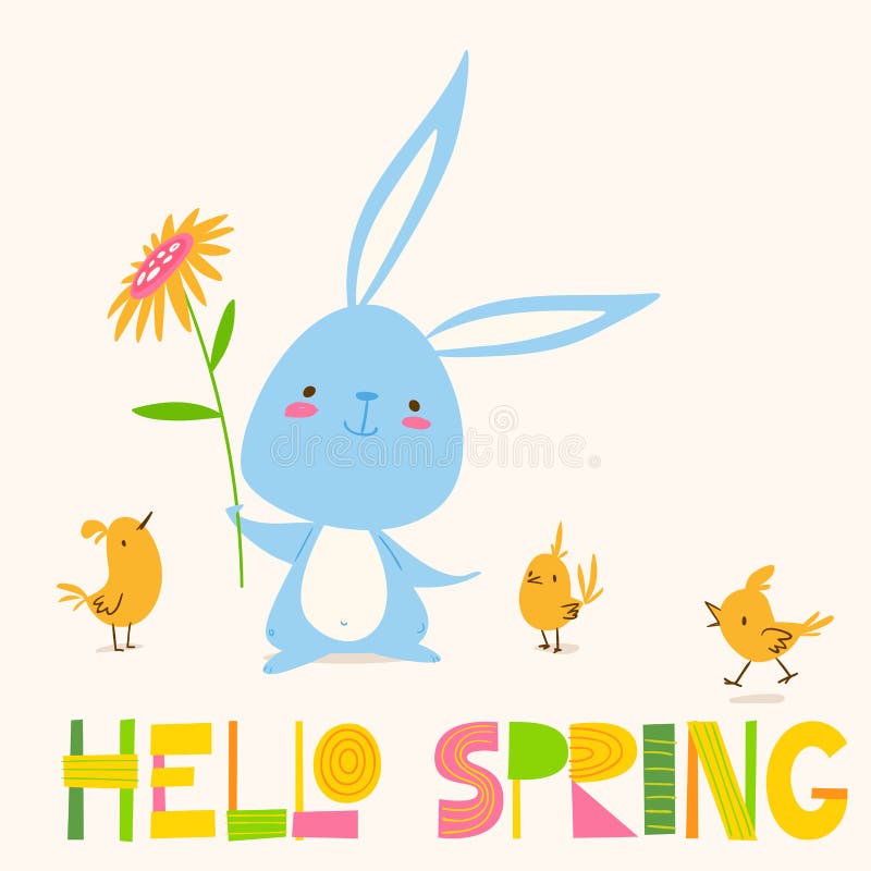 Vector Spring Easter Card with Flowers, Bunny and Chicken. Stock Vector ...