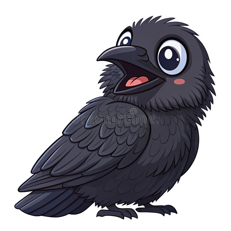 Cute Vector Cartoon Black Raven with Big Eyes and Happy Expression on ...
