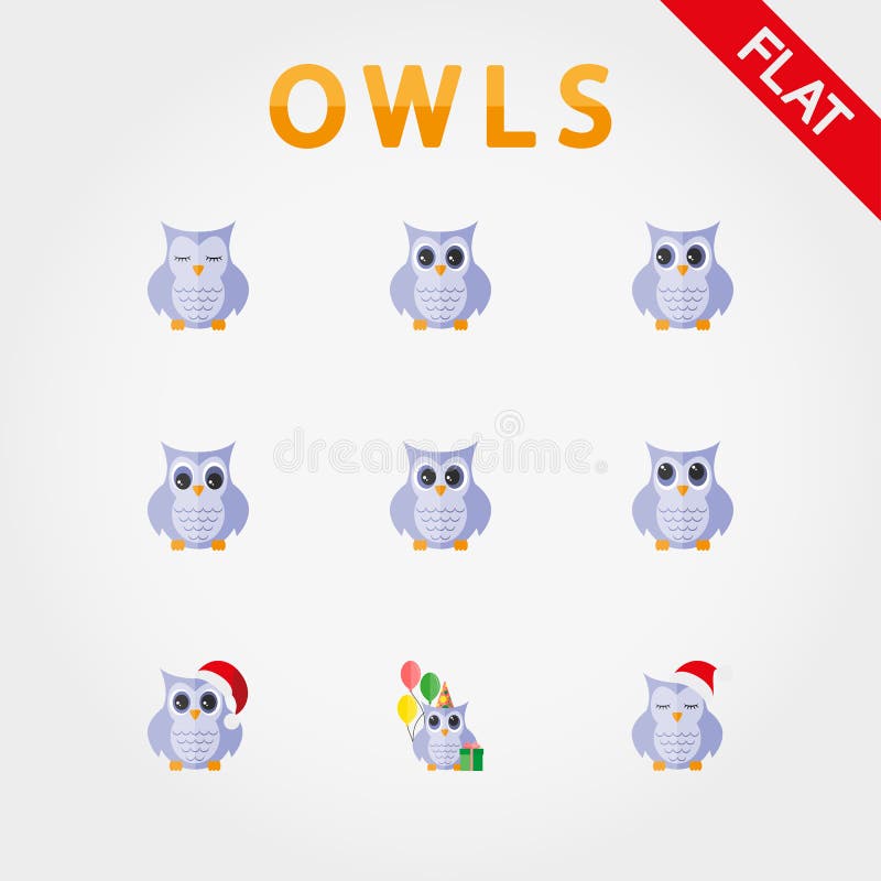 Cute Vector Collection of Owls with Different Eye Expressions. Stock ...