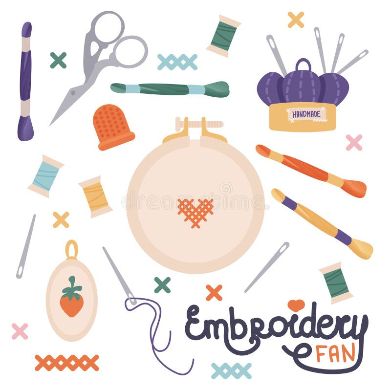 Cute Vector Collection with Sewing and Embroidery Tools. Pins, Needle ...
