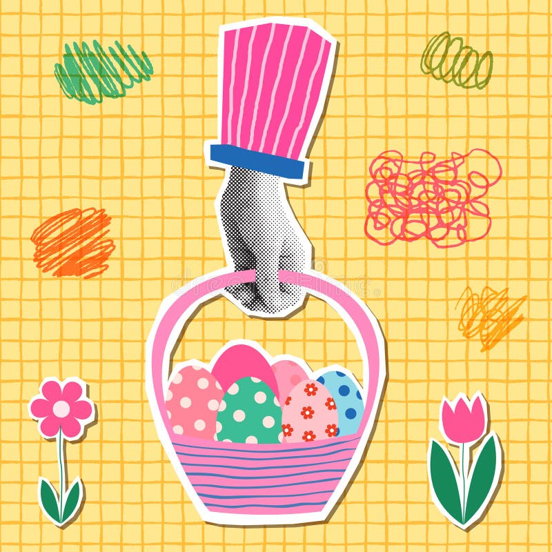 Cute Vector Easter Collage Greeting Card Half Tone Style Hand Holding a ...