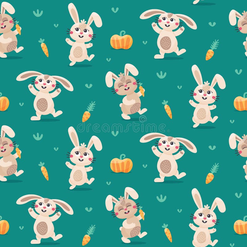 Cute Easter Seamless Pattern with Bunny, Carrot, Pumpkin and Plants ...