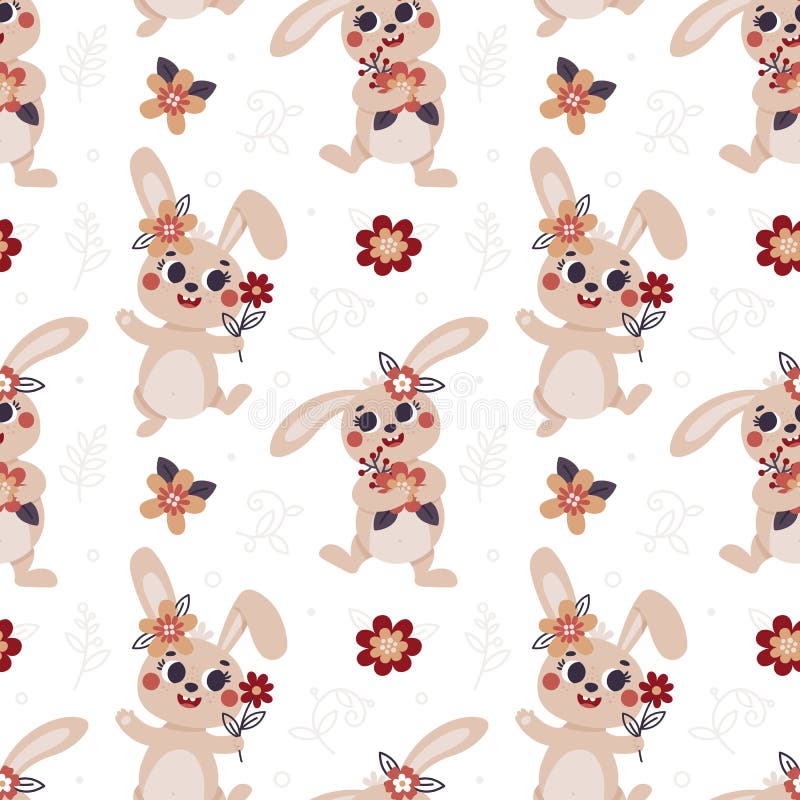 Cute Vector Easter Spring Seamless Pattern with Funny Bunny, Flowers ...