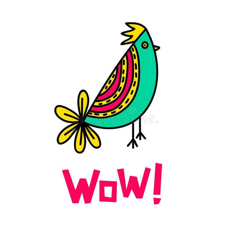 WOW! Lettering and Bird Doodle Illustration Stock Vector - Illustration ...