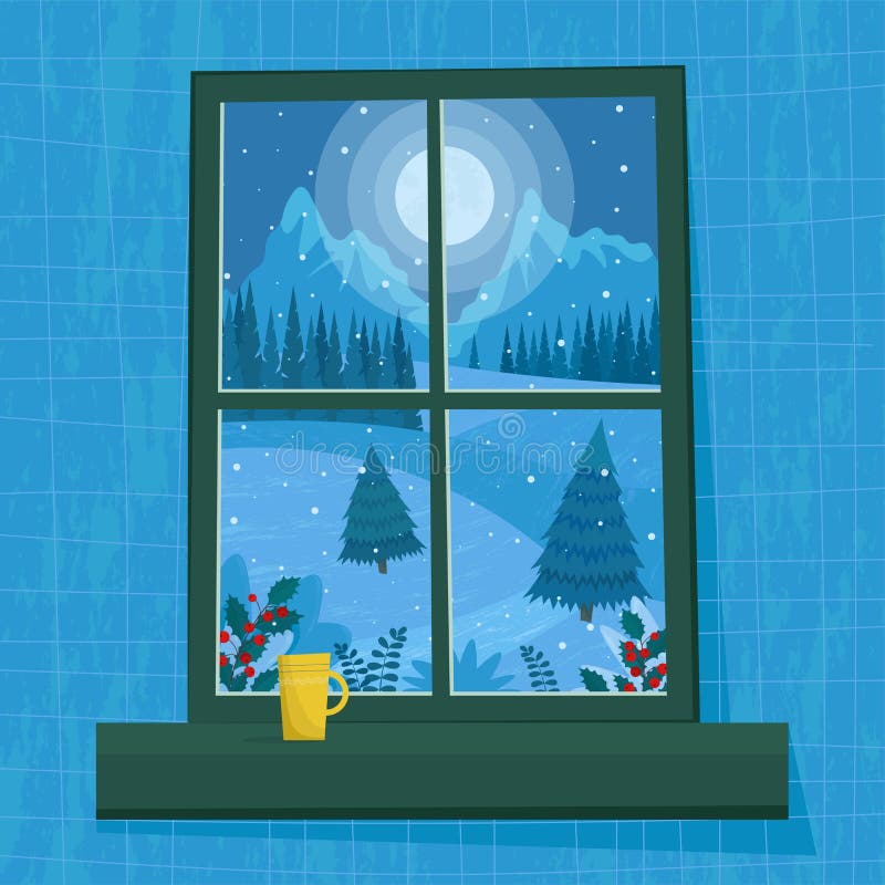 Window with Winter Night Landscape. Cute Vector Illustration in Flat ...