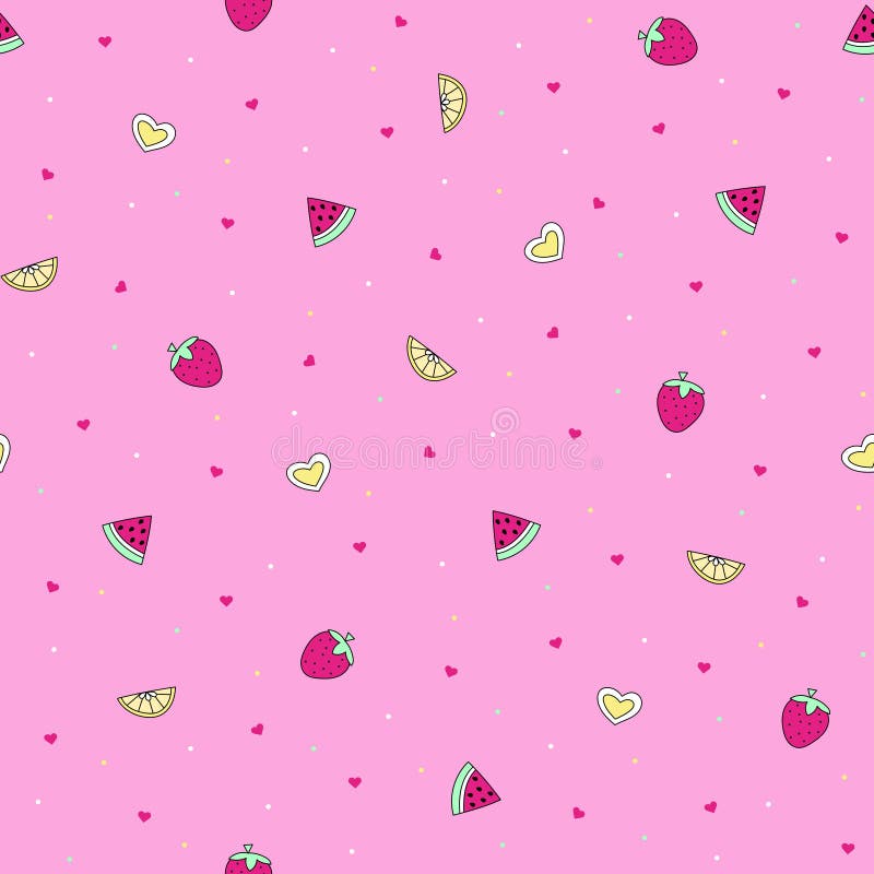 Cute Vector Pattern of Strawberries and Watermelon, Small Fruit on Pink ...