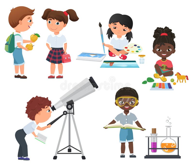 Cute Vector Pupils Activity in School Set. Little School Kids Set ...
