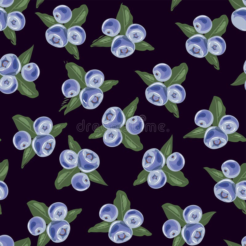 Cute Vector Seamless Pattern with Blueberries and Leaves on Dark ...