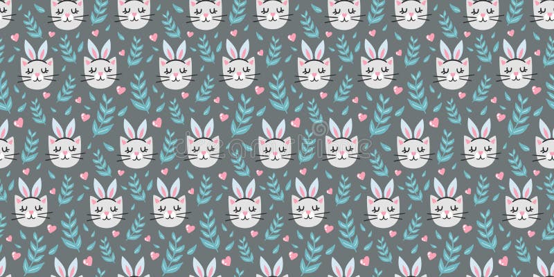Cute Vector Seamless Pattern with Cartoon Cat Faces and Bunny Ears. Stock Vector - Illustration ...