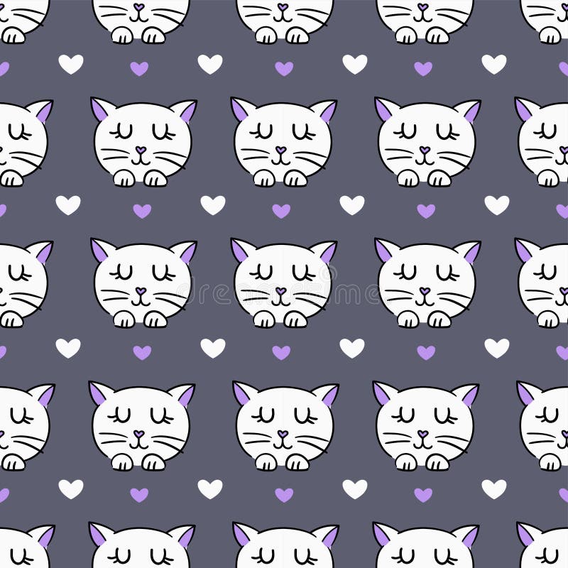 Cute Vector Seamless Pattern with Cartoon Cats and Hearts on a Violet ...