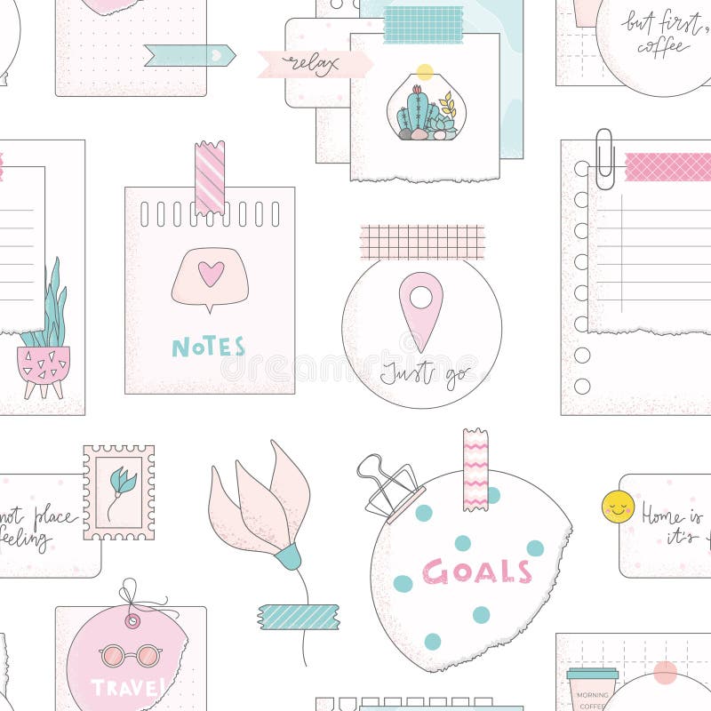 Cute Vector Seamless Pattern with Wall Moodboard, Notes, Papers for ...