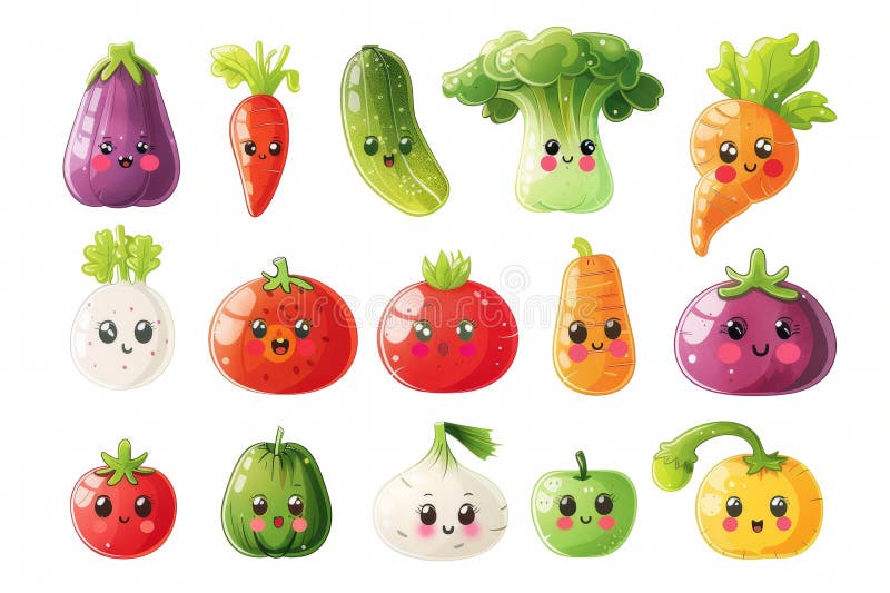 Cute Vegetables Characters with a Smile on a White Background Stock ...