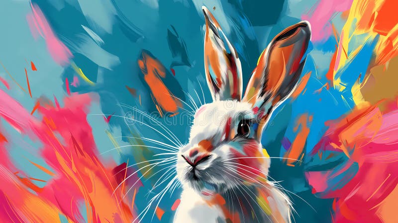 Cute Vibrant Holographic Rabbit with Colorful Easter Eggs on a Vibrant ...