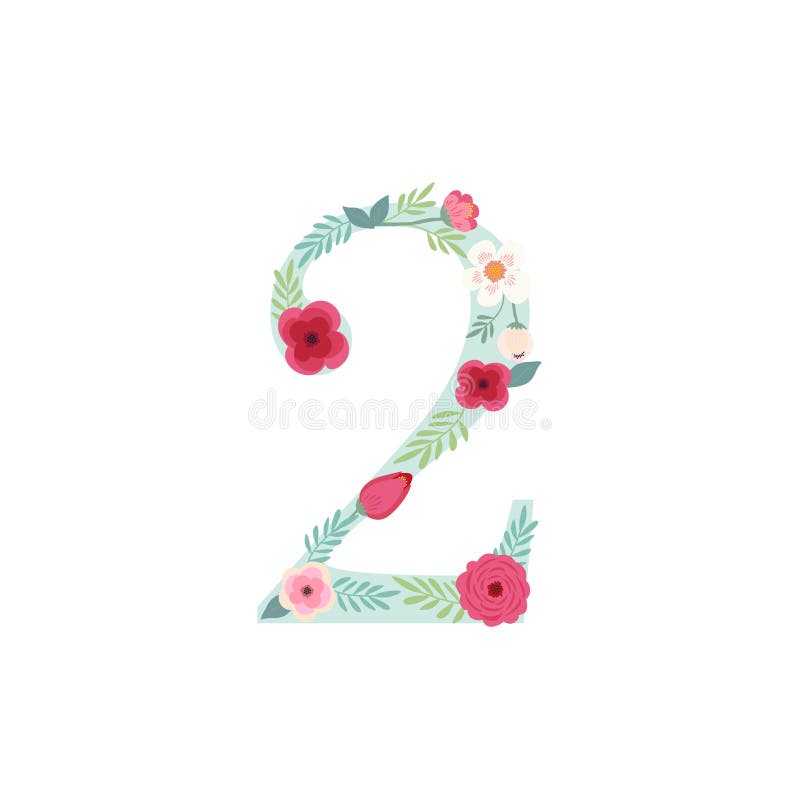 Cute Vintage Number Two with Flowers Stock Illustration - Illustration ...