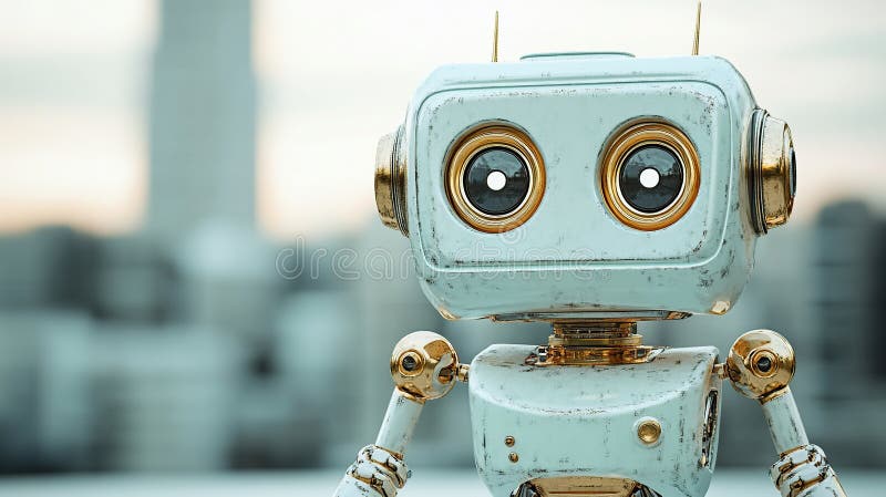 Cute Vintage Robot Facing Forward, Against a City Backdrop Stock ...